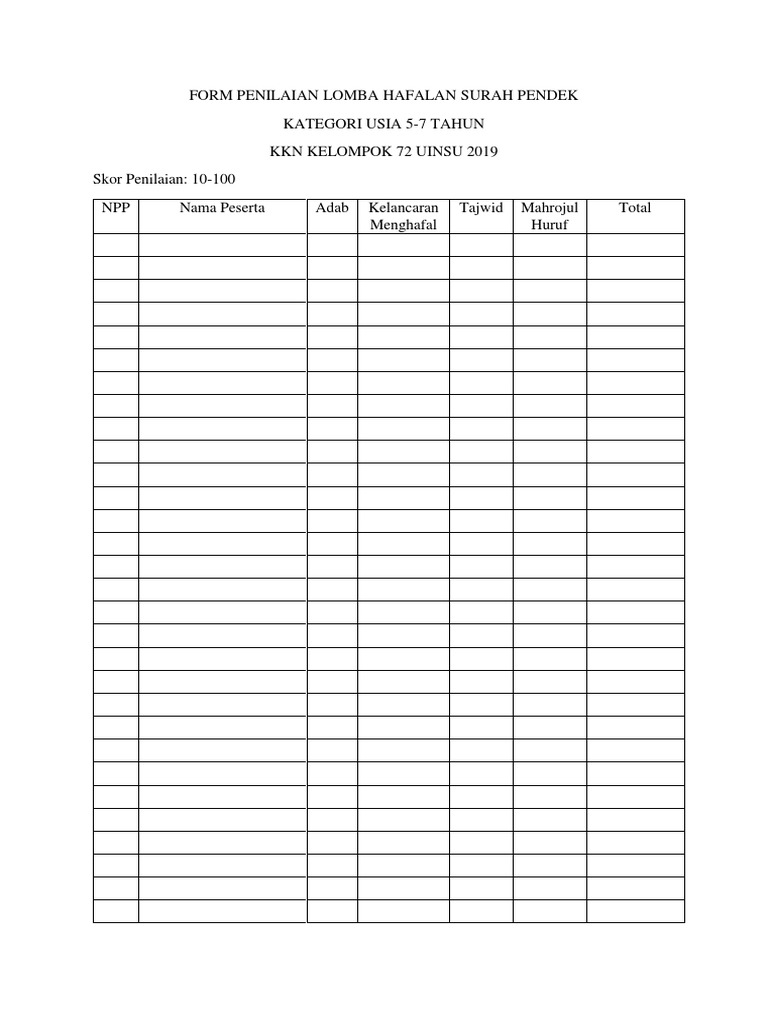 Form Penilaian Lomba Hafalan Surah (5-7 Tahun) | PDF