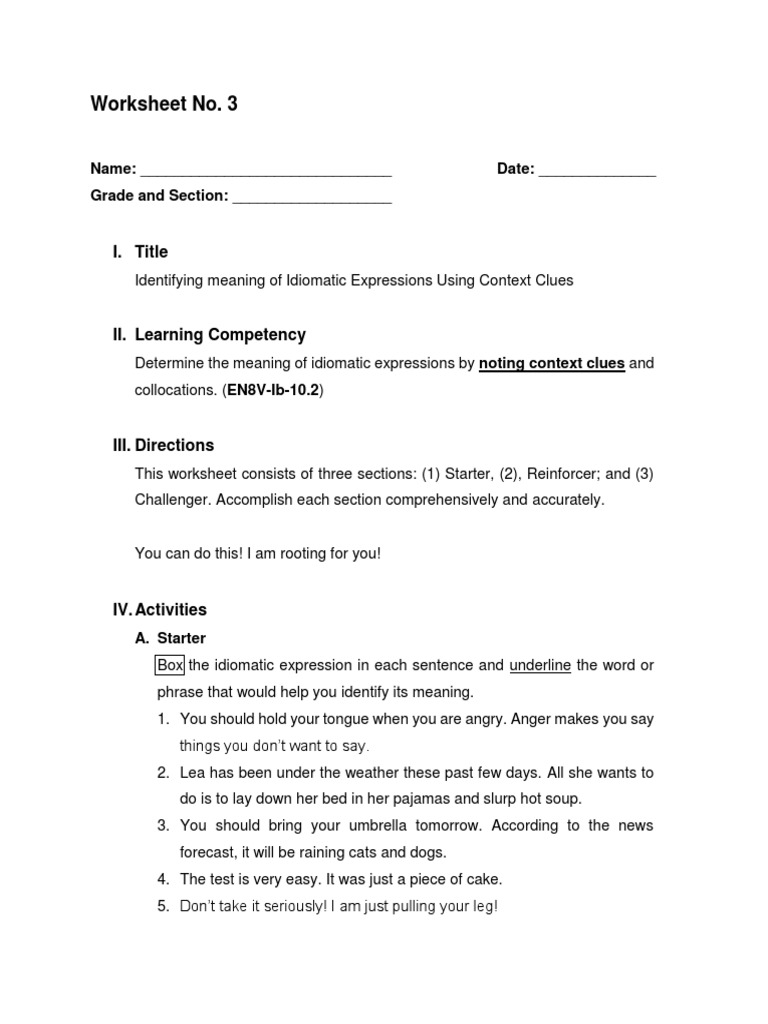 Worksheet On Identifying Meaning of Idiomatic Expressions Using Context ...