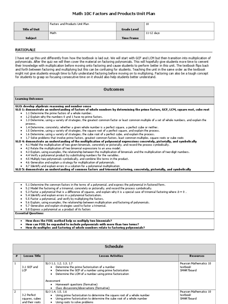 Math 10c Factors Products Unit Plan Ka | PDF | Factorization | Polynomial