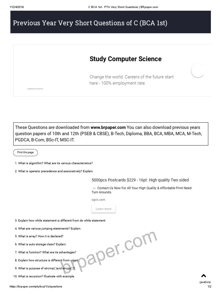 Basic Short Questions For C Language | PDF | C (Programming Language ...