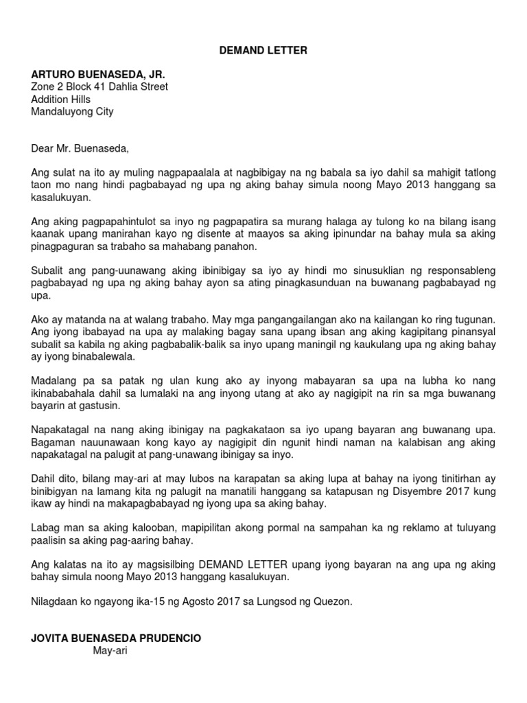 Prudencio Rental Payment Demand Letter | PDF