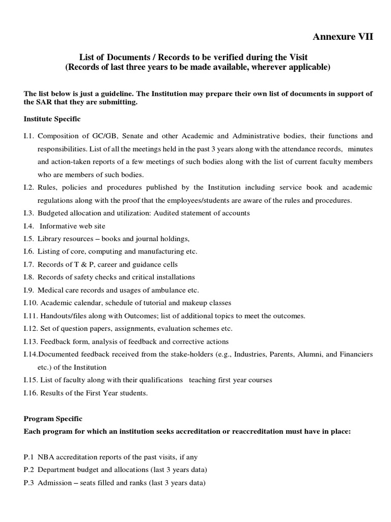 List of Documents As Per NBA Format (Annexure VII) | PDF | Cognition ...