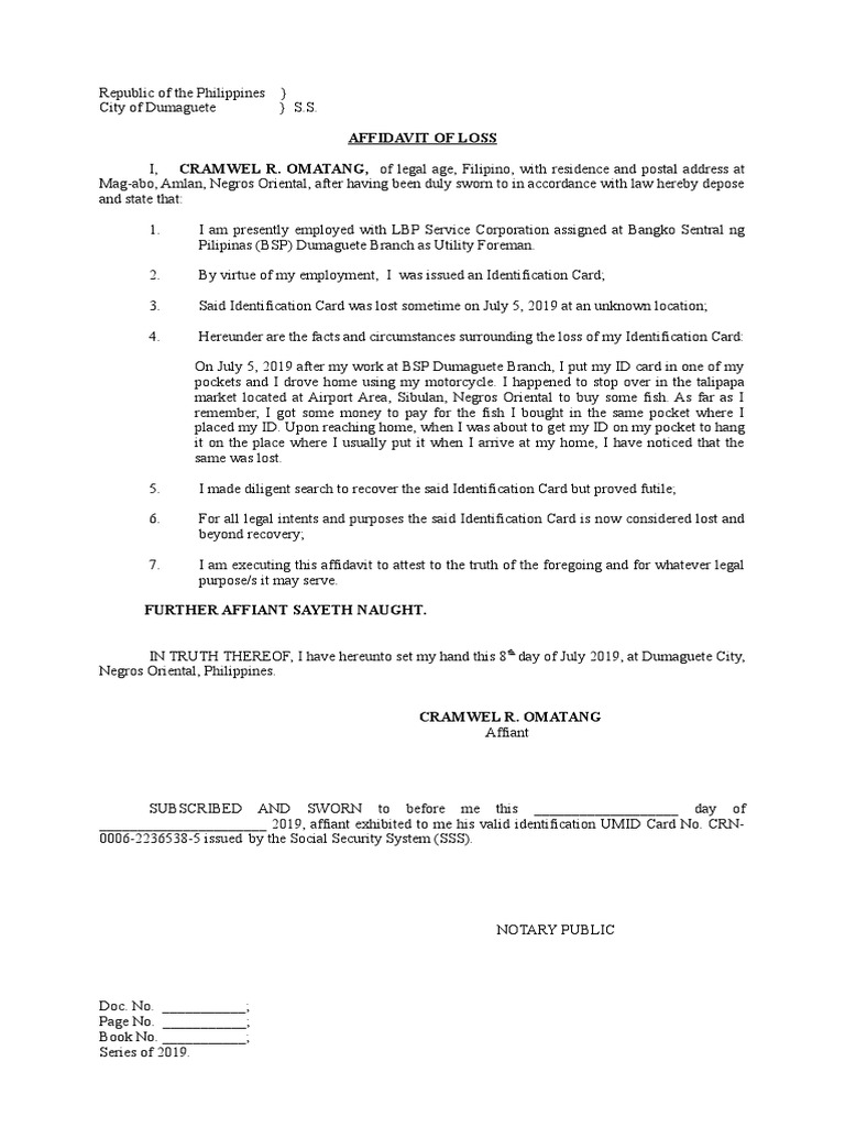 Affidavit of Loss Sample | PDF | Affidavit | Identity Document
