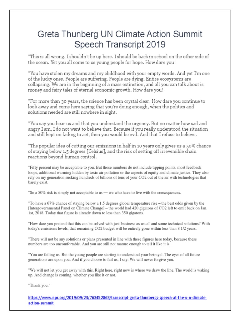 Greta Thunberg UN Climate Action Summit Speech Transcript 2019 | PDF | Environmental Issues ...