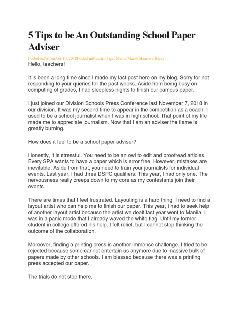 5 Tips To Be An Outstanding School Paper Adviser | PDF | Journalism ...