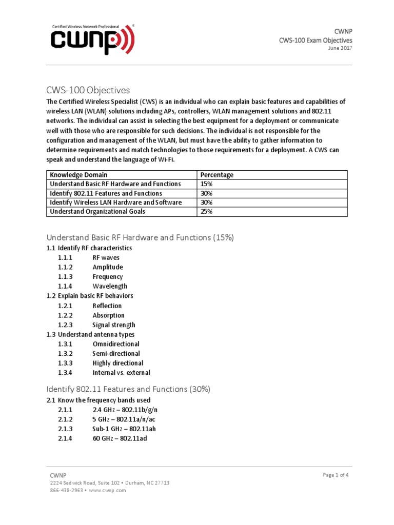 CWS-100 Objectives | PDF | Wireless Lan | Ieee 802.11