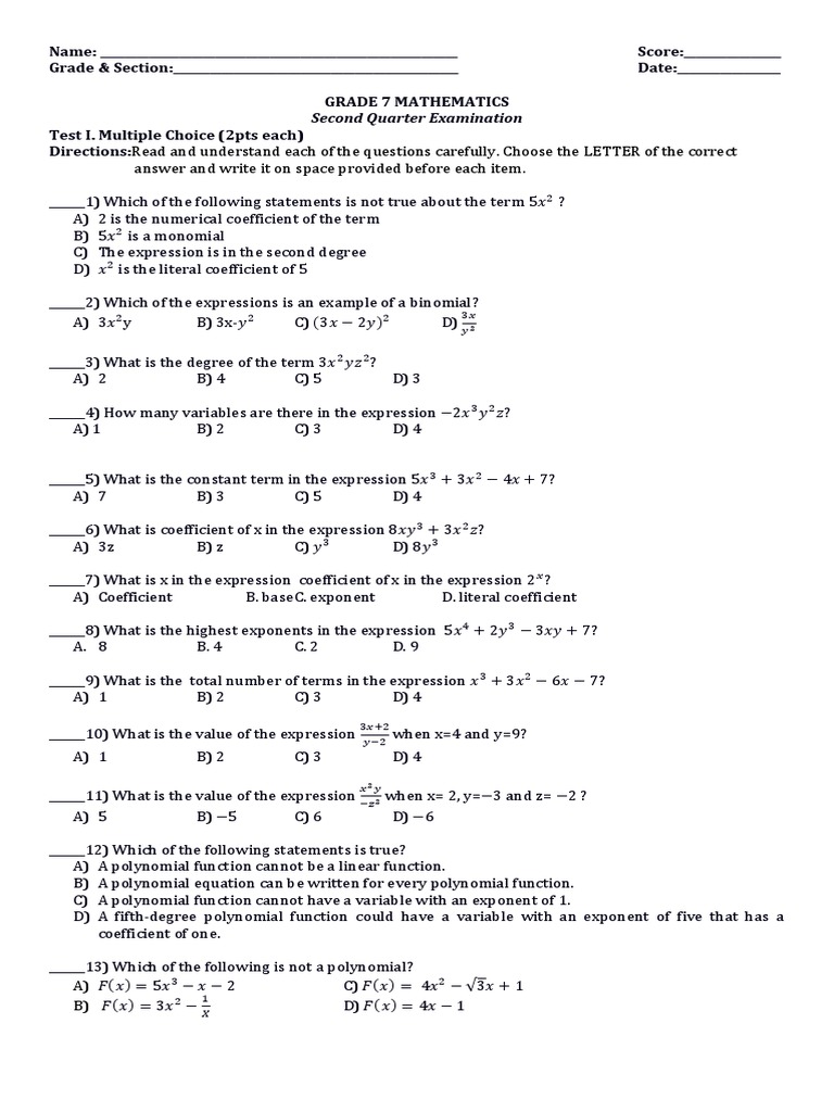2nd Quarter Math 7 | PDF | Polynomial | Mathematics Of Computing