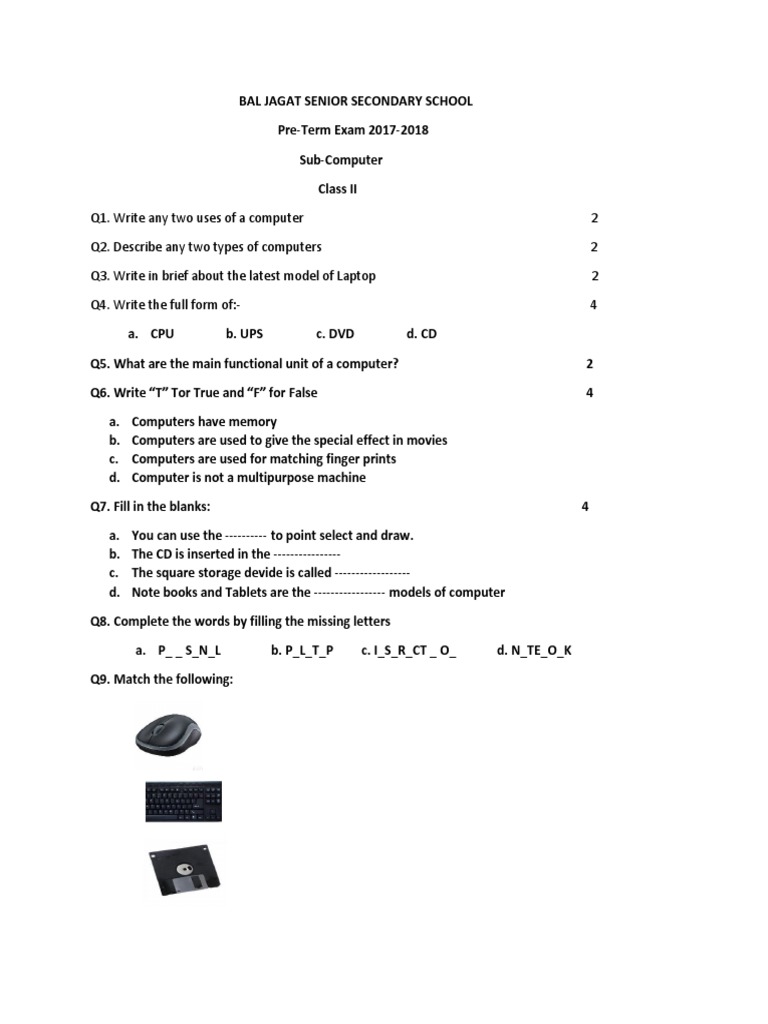 Class II Computer Pre-Term Exam 2017 | PDF