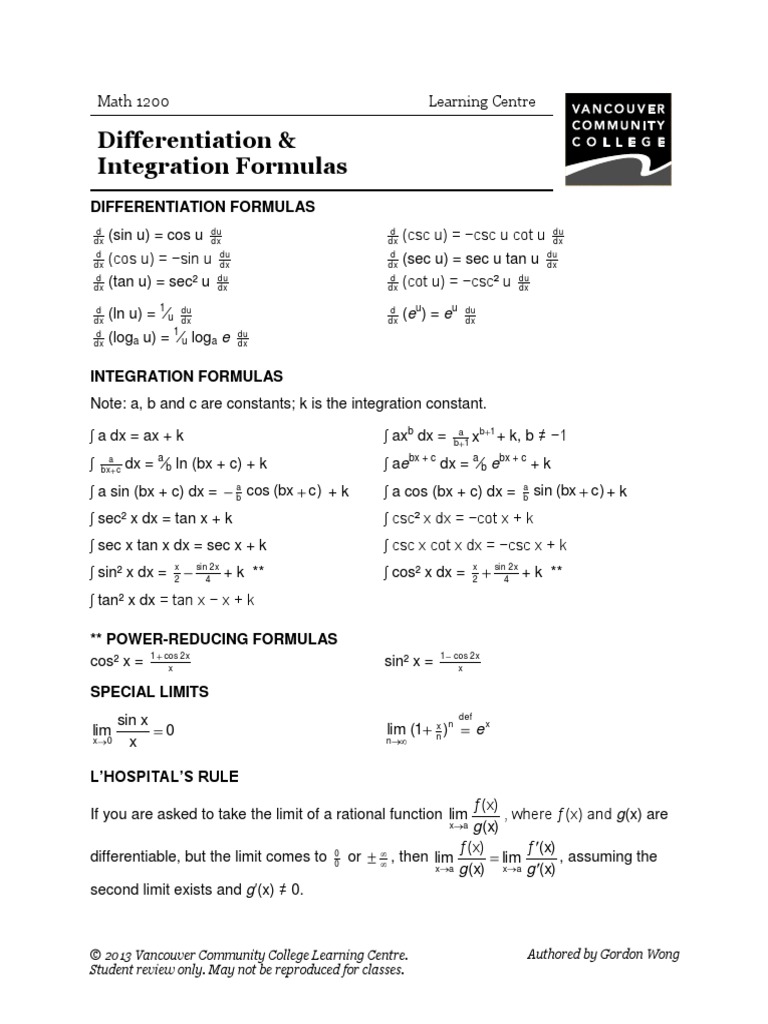 Maths differentiation And integration formulas | Mathematical Relations ...