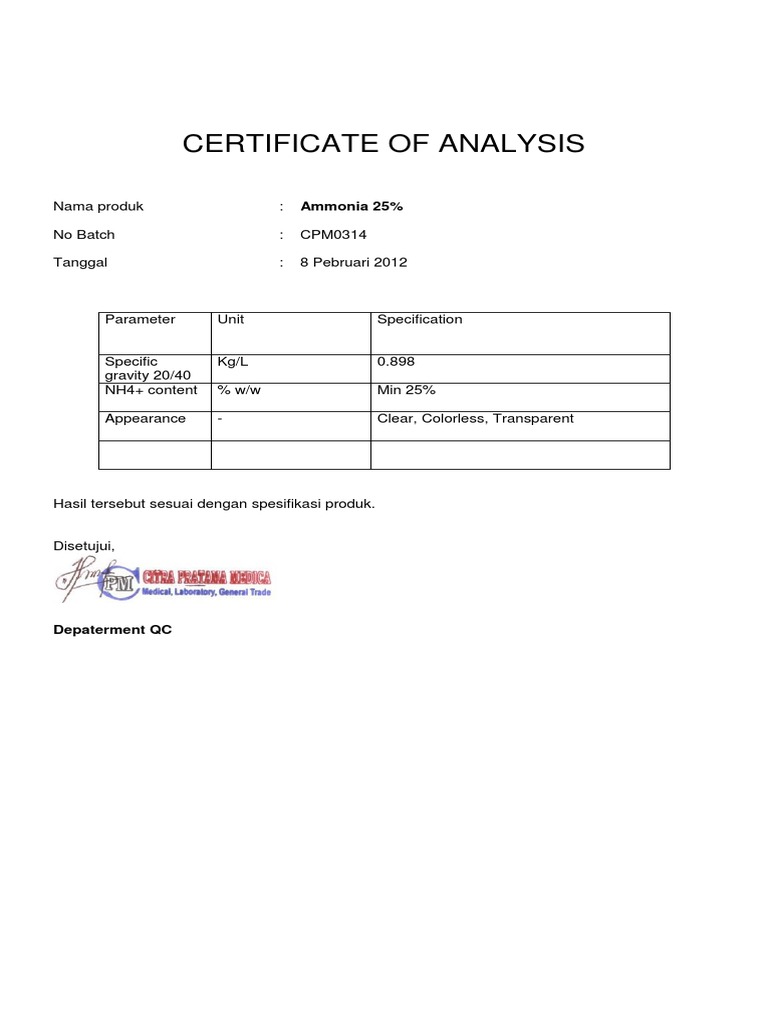 COA Ammonia 25% | PDF