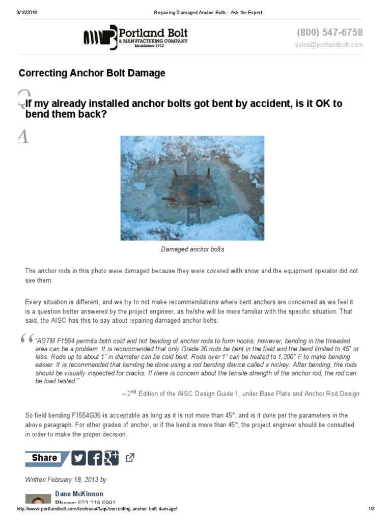 Repairing Damaged Anchor Bolts Ask The Expert HTTPWWW Portlandbolt ...