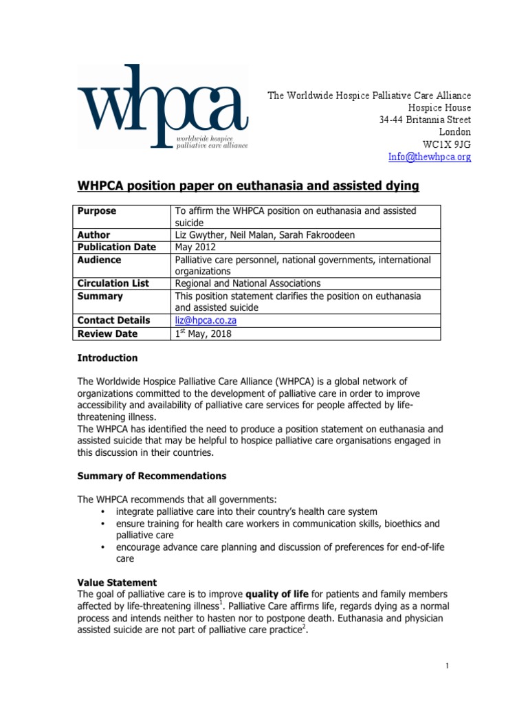 Final WHPCA Position Paper Euthanasia 2016 | PDF | Palliative Care ...