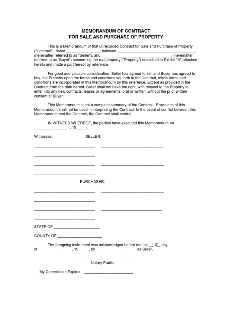 Memorandum of Contract For Sale and Purchase of Property PDF | PDF ...