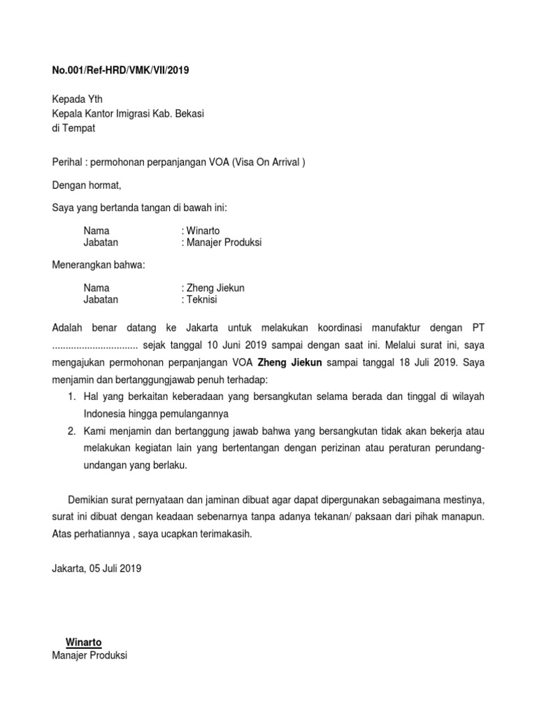 Surat Keterangan - Perpanjangan Voa | PDF