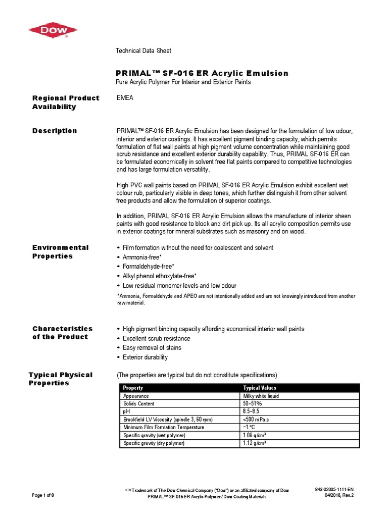 PRIMAL™ SF-016 ER | PDF | Poly(Methyl Methacrylate) | Paint