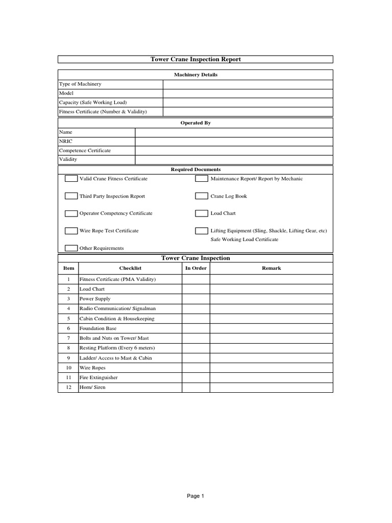 Unlocked - F031 - Tower Crane Inspection Report - Rev 0 | PDF | Crane ...