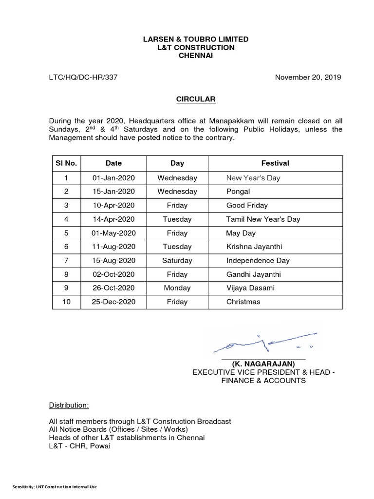 2020 HQ Holidays Circular | PDF