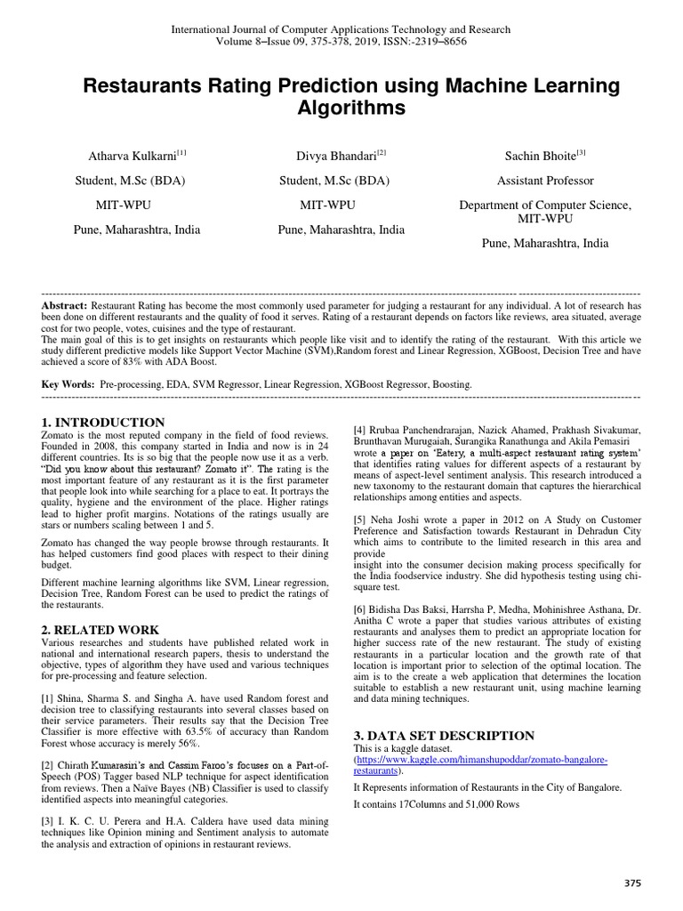 Restaurants Rating Prediction Using Machine Learning Algorithms | PDF ...