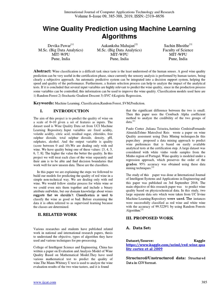 Wine Quality Prediction Using Machine Learning Algorithms | PDF | Statistical Classification ...