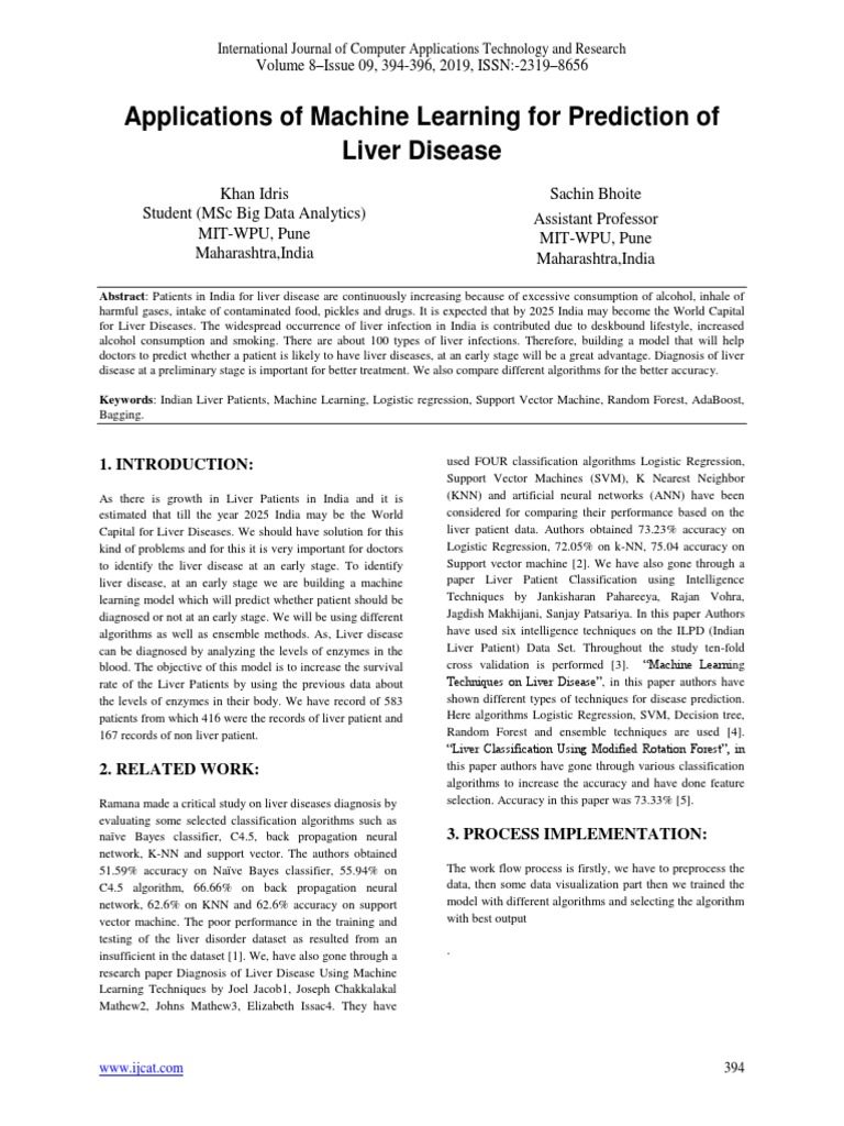 Applications of Machine Learning For Prediction of Liver Disease | PDF ...