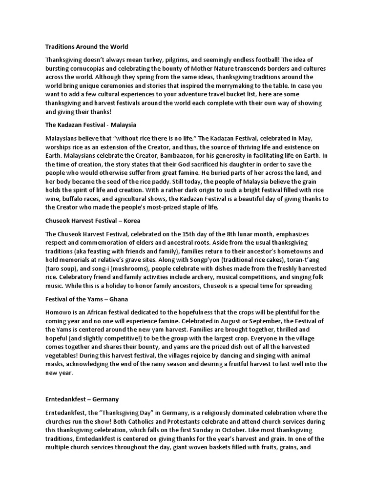 Thanksgiving Traditions Around The World | PDF | Thanksgiving | Festival