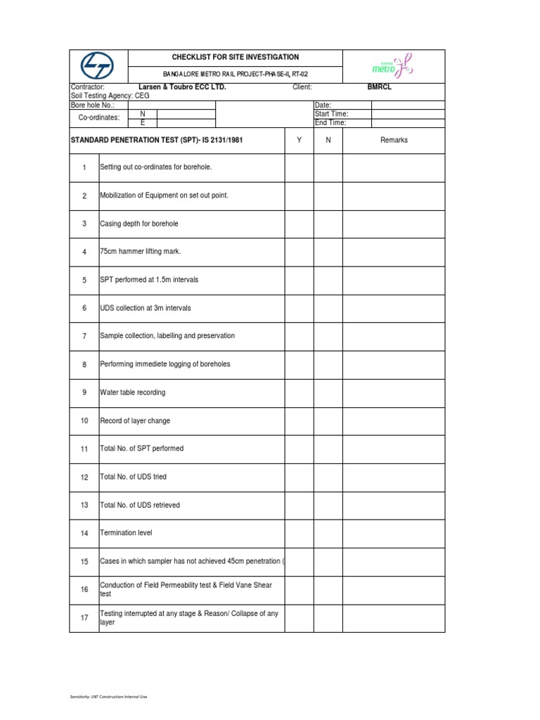 BMRCL Checklist | PDF | Borehole | Geotechnical Engineering