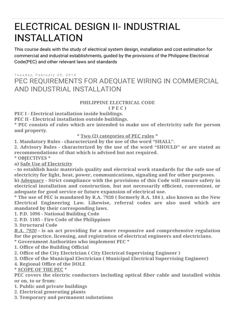 ELECTRICAL DESIGN II- INDUSTRIAL INSTALLATION_ PEC REQUIREMENTS FOR ...