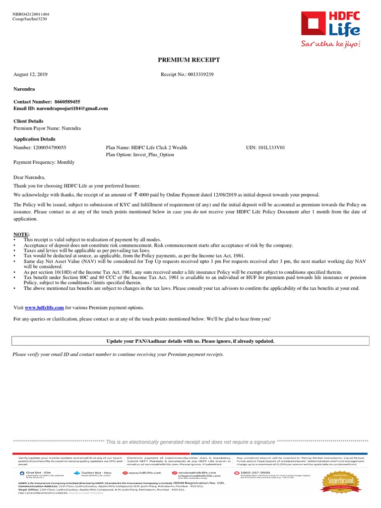 Payment Receipt 0013319239 | PDF | Life Insurance | Insurance