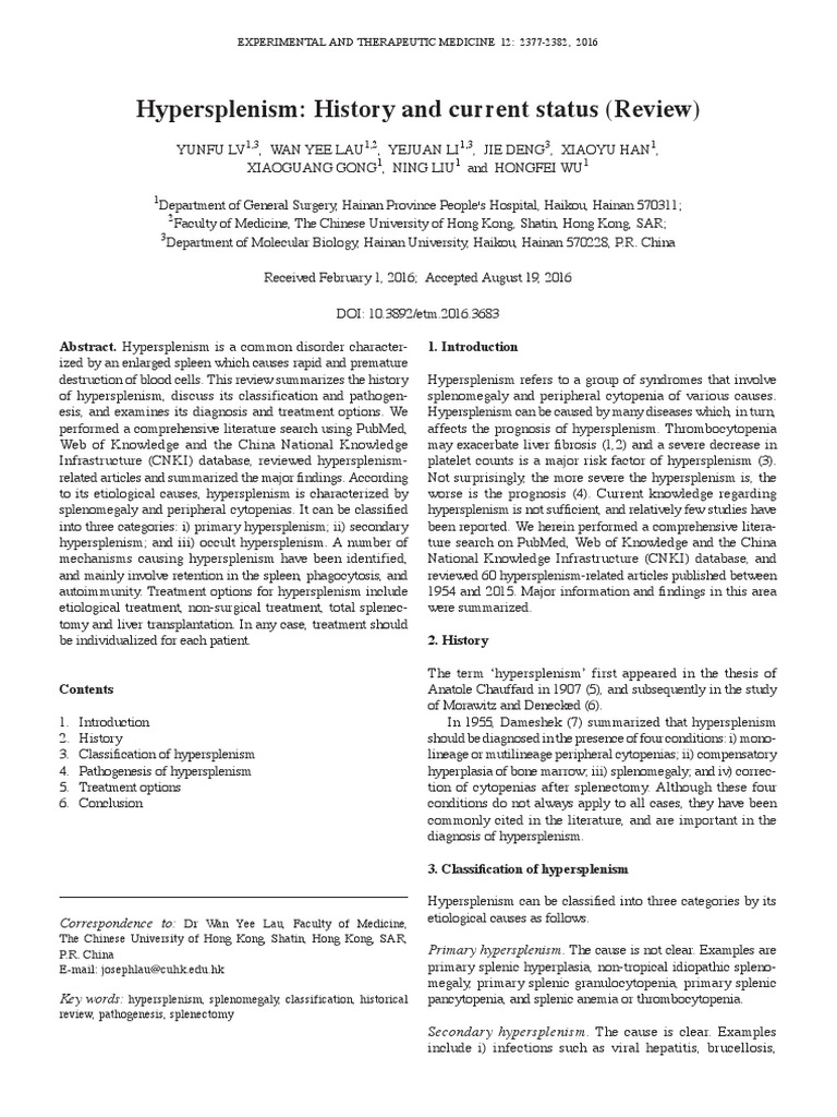 Hypersplenism: A concise review of its history and pathogenesis | PDF ...