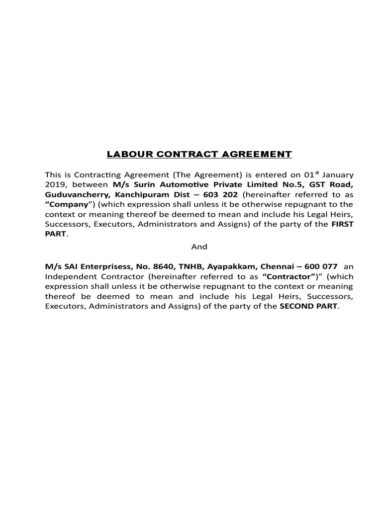 Draft of Labour Contract Agreement | PDF | Indemnity | Employment
