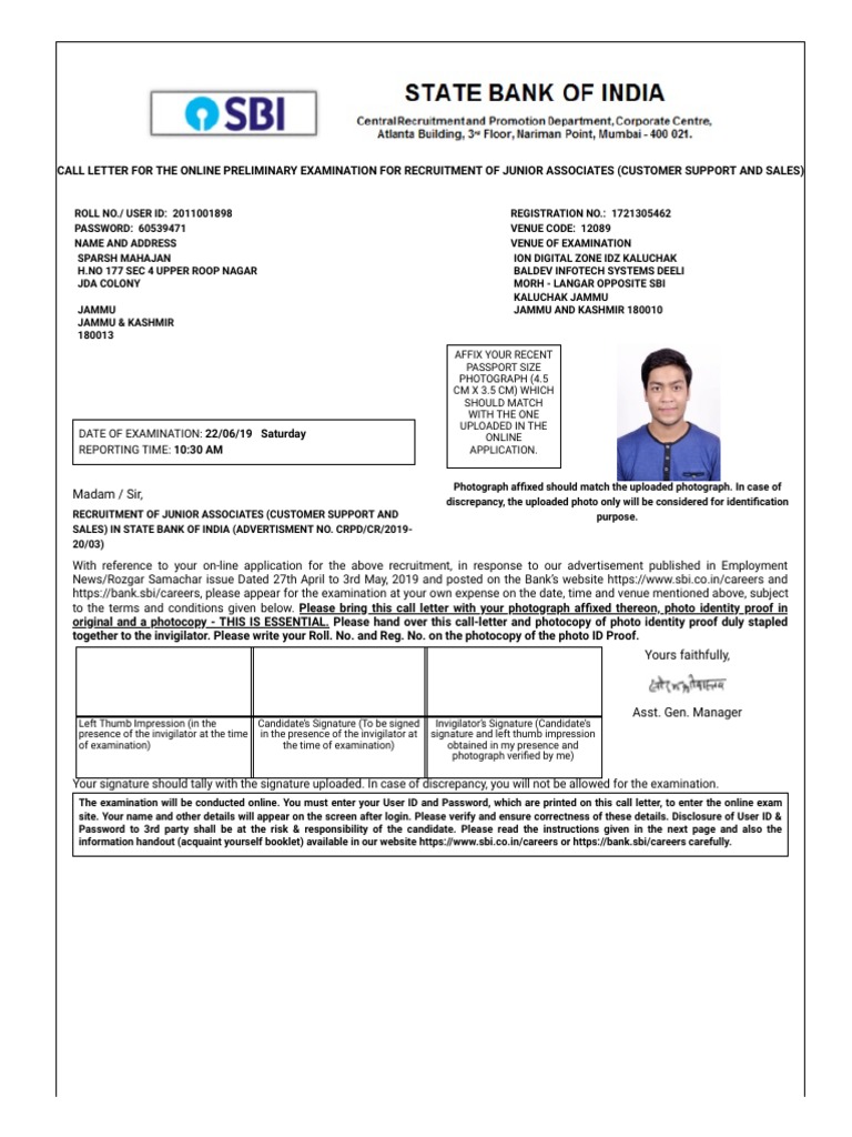 Sbi Call Letter | PDF | Identity Document | Test (Assessment)