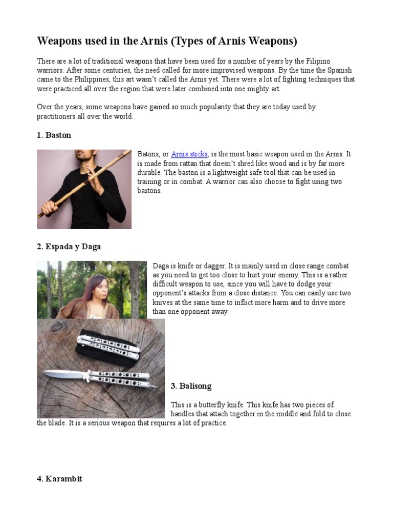 Types of Arnis Weapons | PDF | Knife | Melee Weapons