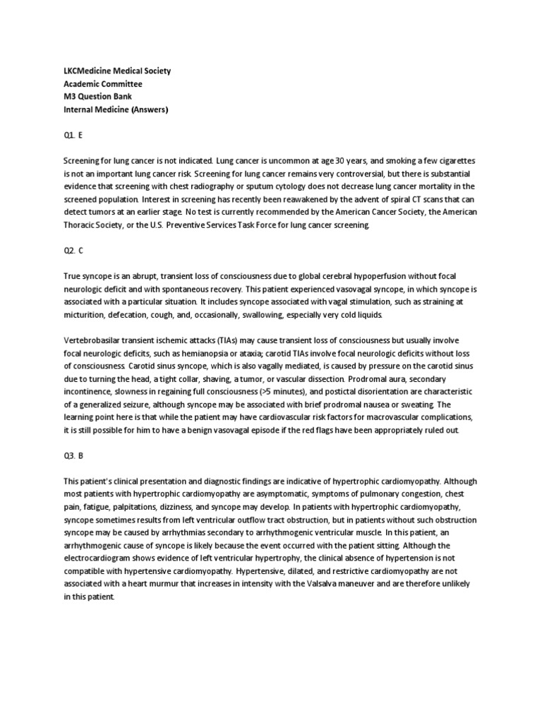 Internal Medicine (Ans) - M3 Question Bank | PDF | Prediabetes ...