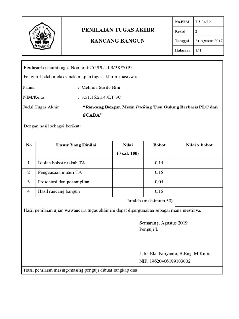 Contoh Tabel Penilaian TA Polines | PDF