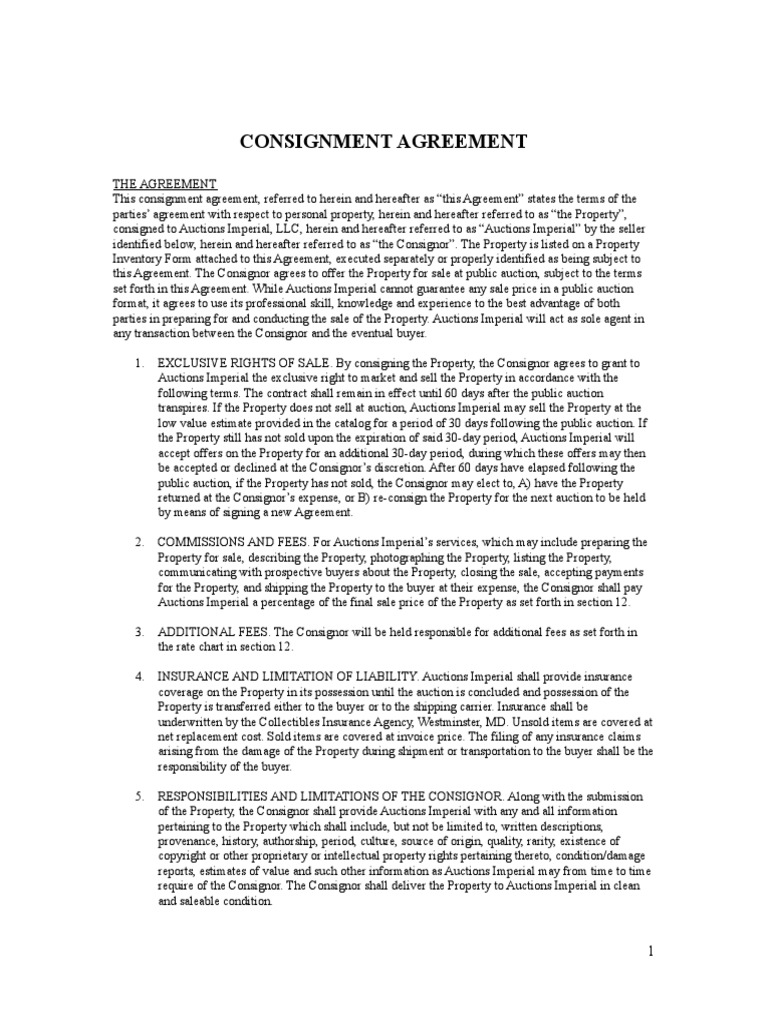 Consignment Agreement | PDF | Indemnity | Auction