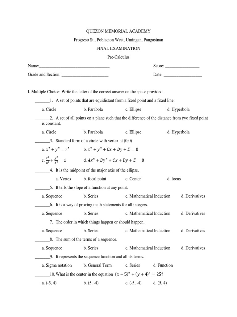 SHS Pre-Calculus Final Exam | PDF | Ellipse | Differential Geometry