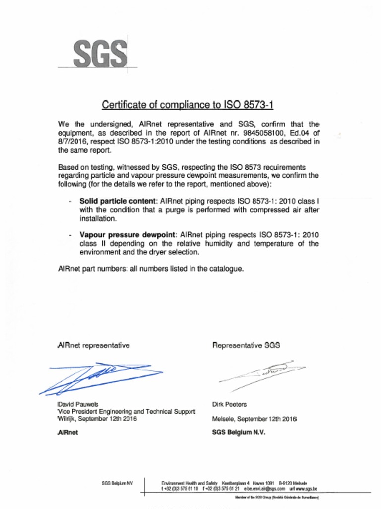 ISO 8573-1 Certificate AIRnet Purity and Dewpoint | PDF