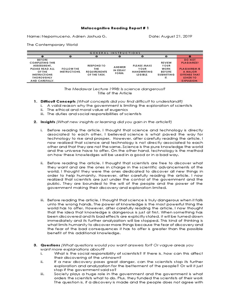 Metacognitive Reading Report #1 - STS MAPUA | PDF | Scientist | Science