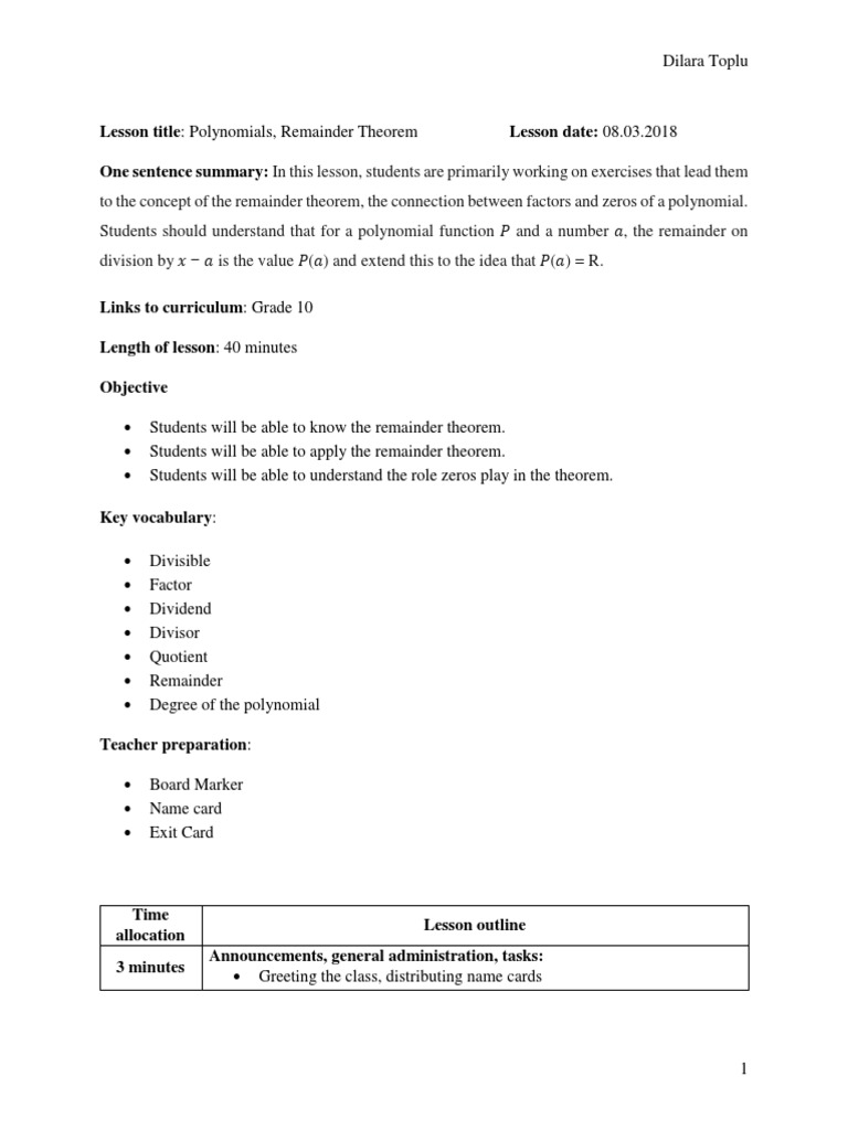 Remainder Theorem Lesson Plan | PDF | Division (Mathematics) | Polynomial