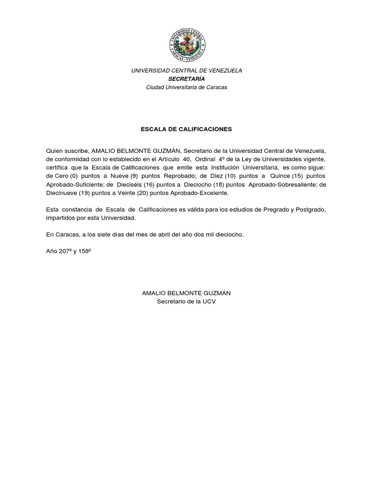 Escala de Calificaciones UCV | PDF