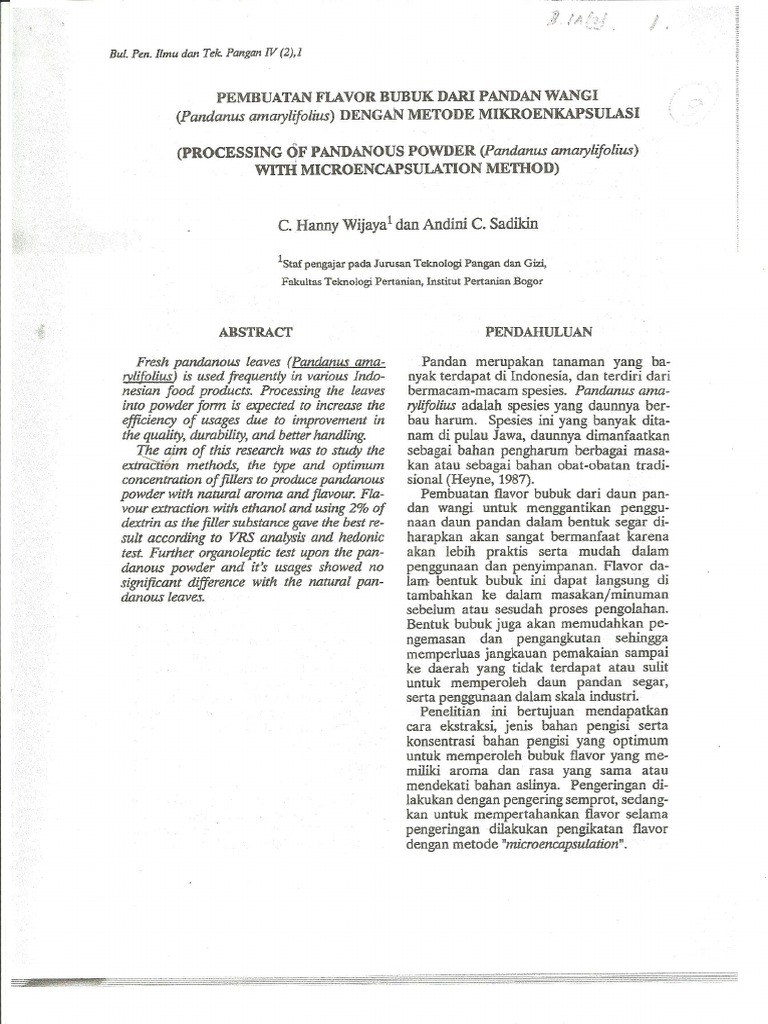 Pembuatan Flavor Bubuk Dari Pandan Wangi PDF | PDF