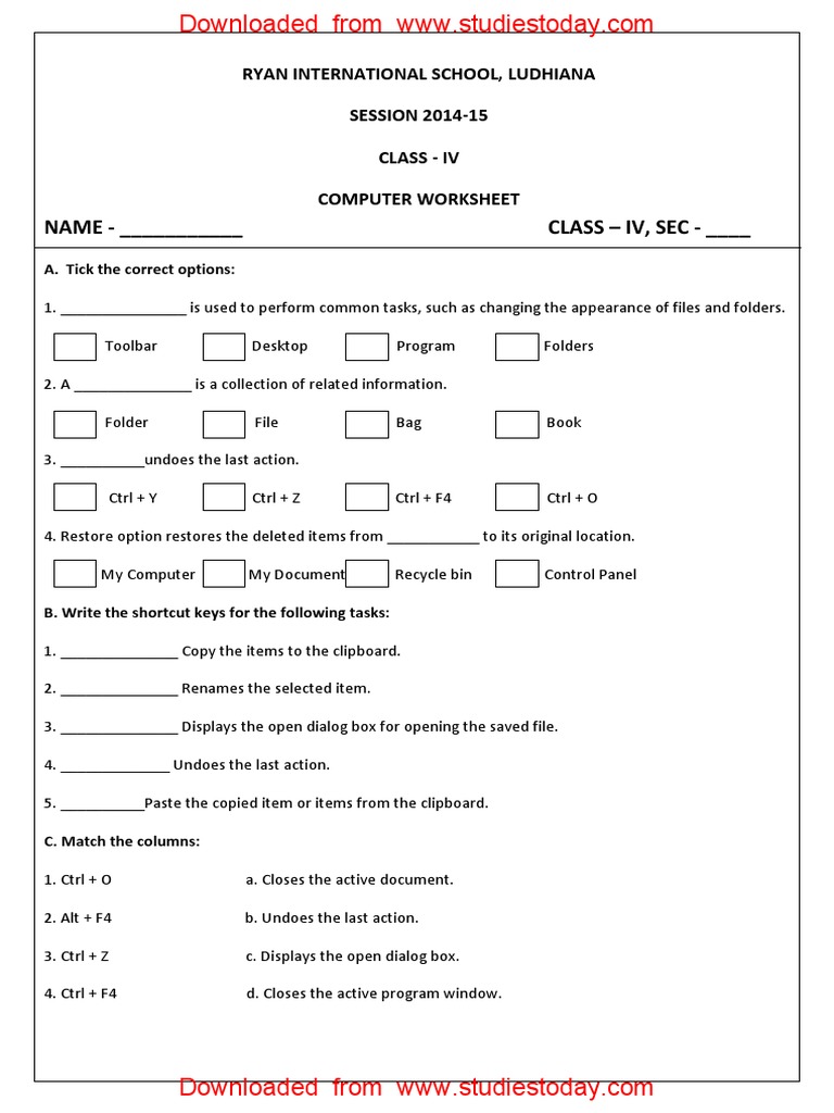 Computer Worksheet For Class 4 | PDF | Operating System Technology ...