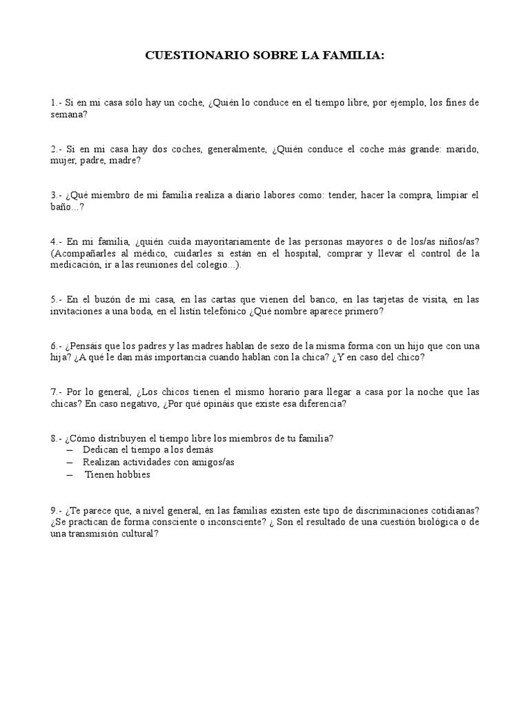 Cuestionario Sobre La Familia | PDF