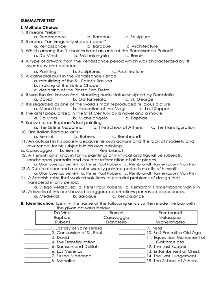 SUMMATIVE TEST (Arts 2nd Quarter) - 2019 | PDF | Peter Paul Rubens ...