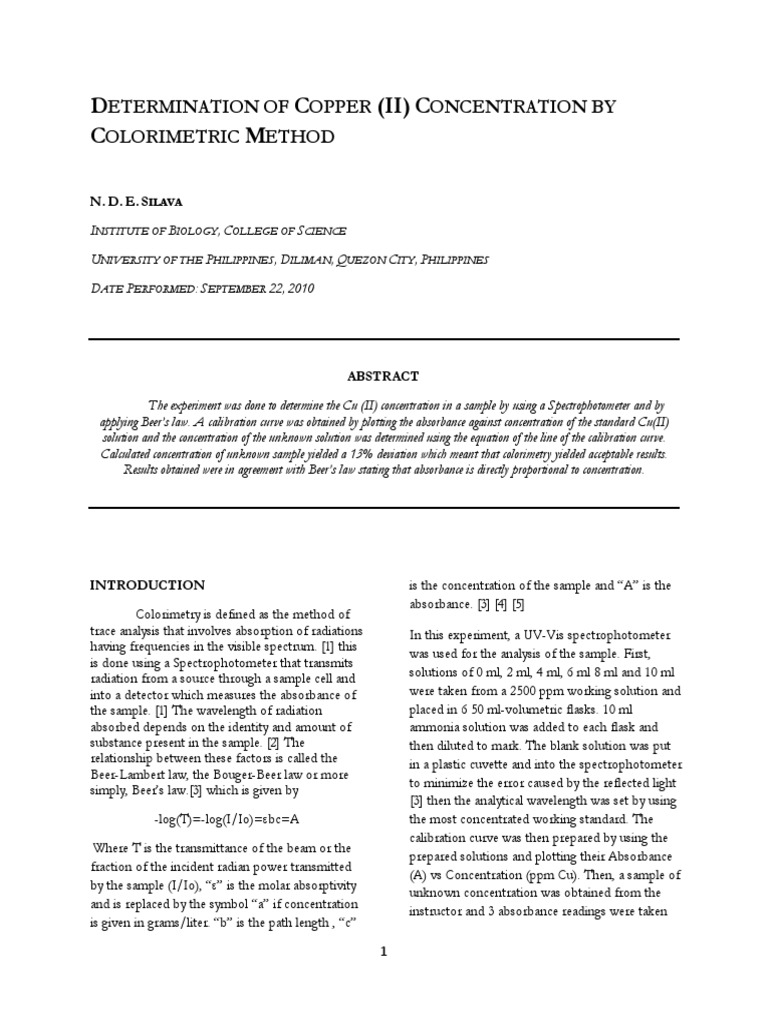 Determination of Copper Concentration Using UV Vis Spectrophotometery ...