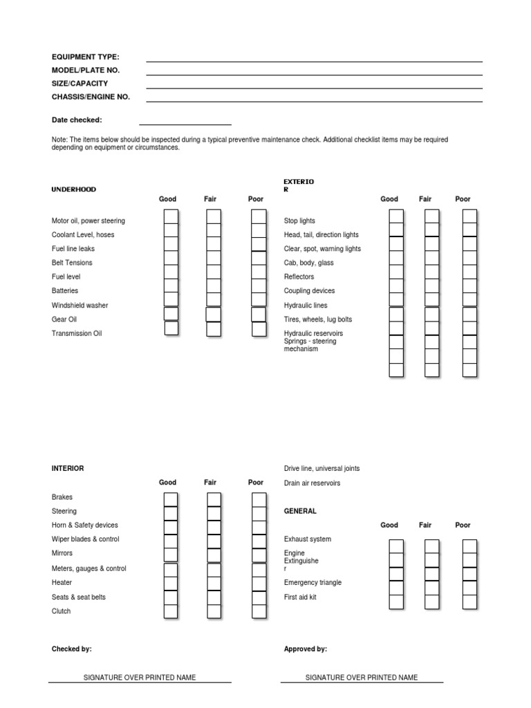 Preventive Maintenance Checklist for Heavy Equipment | PDF ...