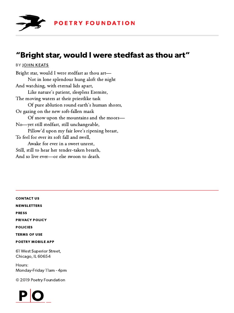 "Bright Star, Would I Were Stedfast As Thou Art" by John Keats - Poetry ...