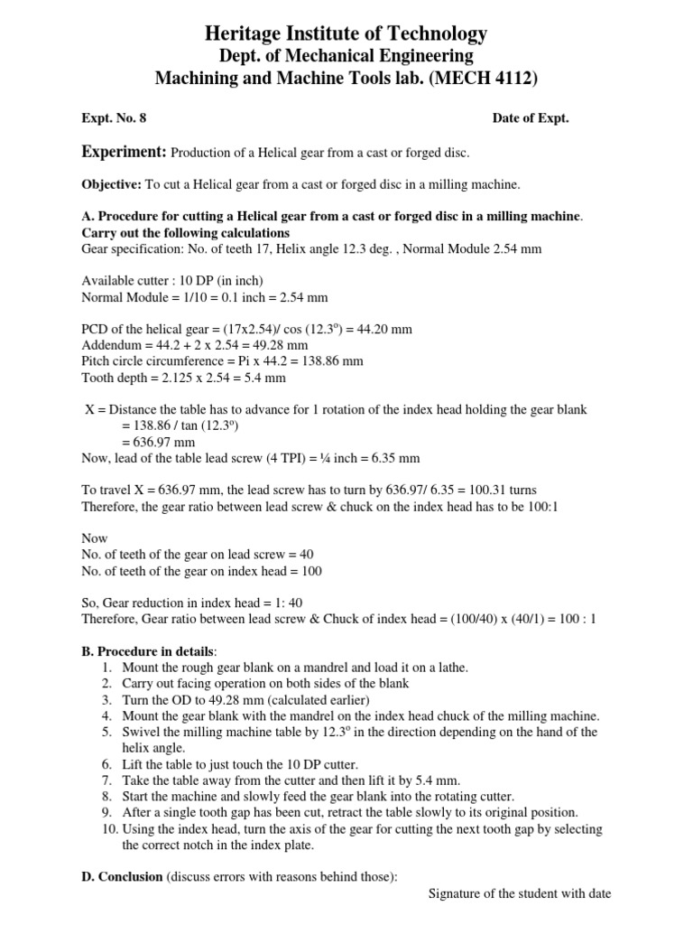 Exp 8 - Helical Gear Cutting by Milling - MECH 4112 | PDF | Gear ...