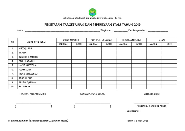 Borang Penetapan Target Stam | PDF