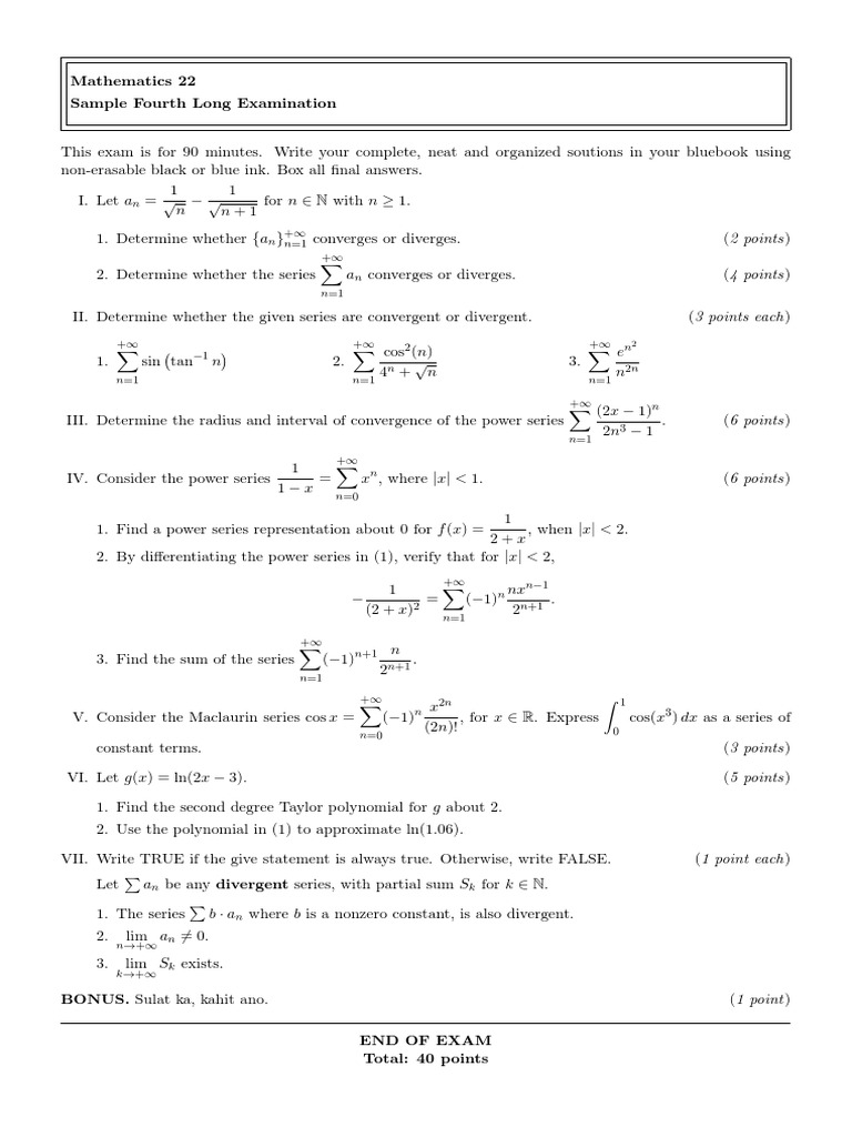 Math 22 Samplex | PDF | Series (Mathematics) | Power Series